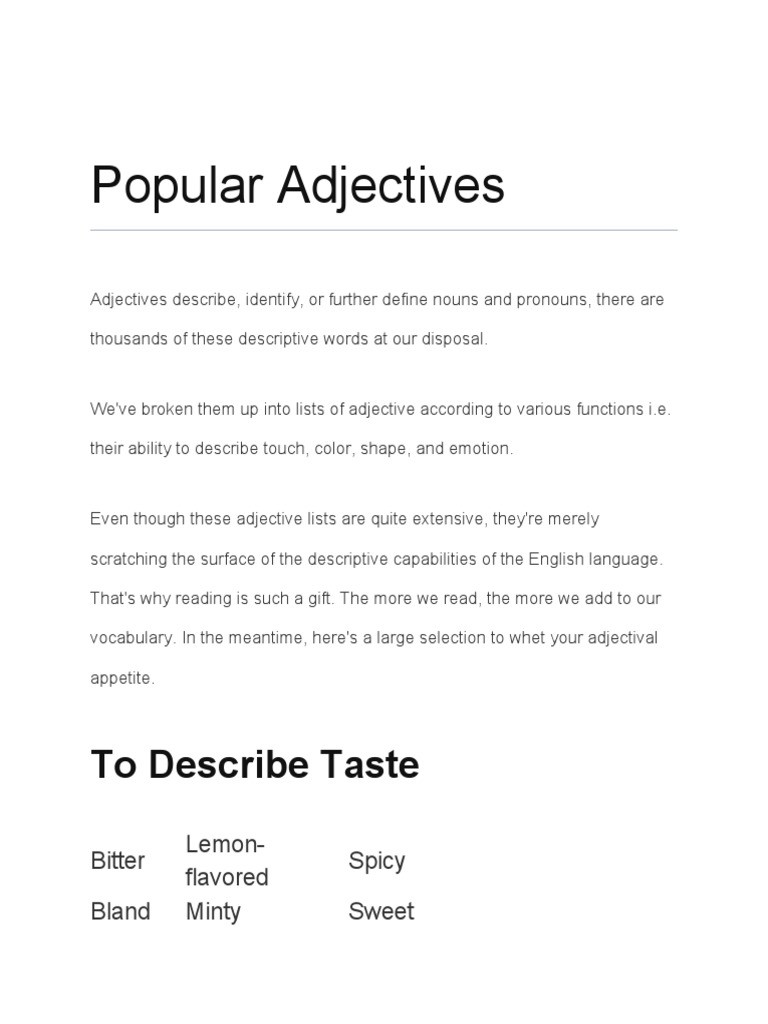 Popular Adjectives: To Describe Taste | PDF | Taste | Vision