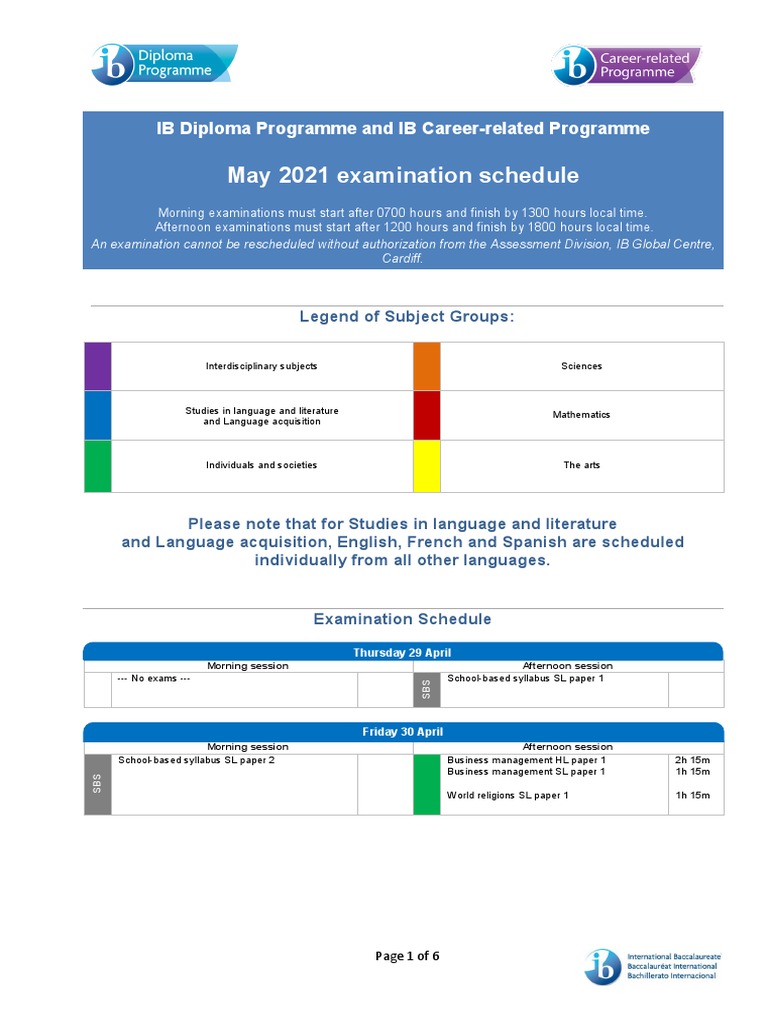 IB May 2021 Exam Schedule | PDF | Cognition | Learning