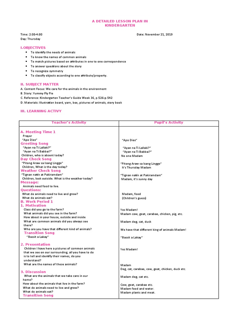 A Detailed Lesson Plan in Kindergarten | PDF | Foods