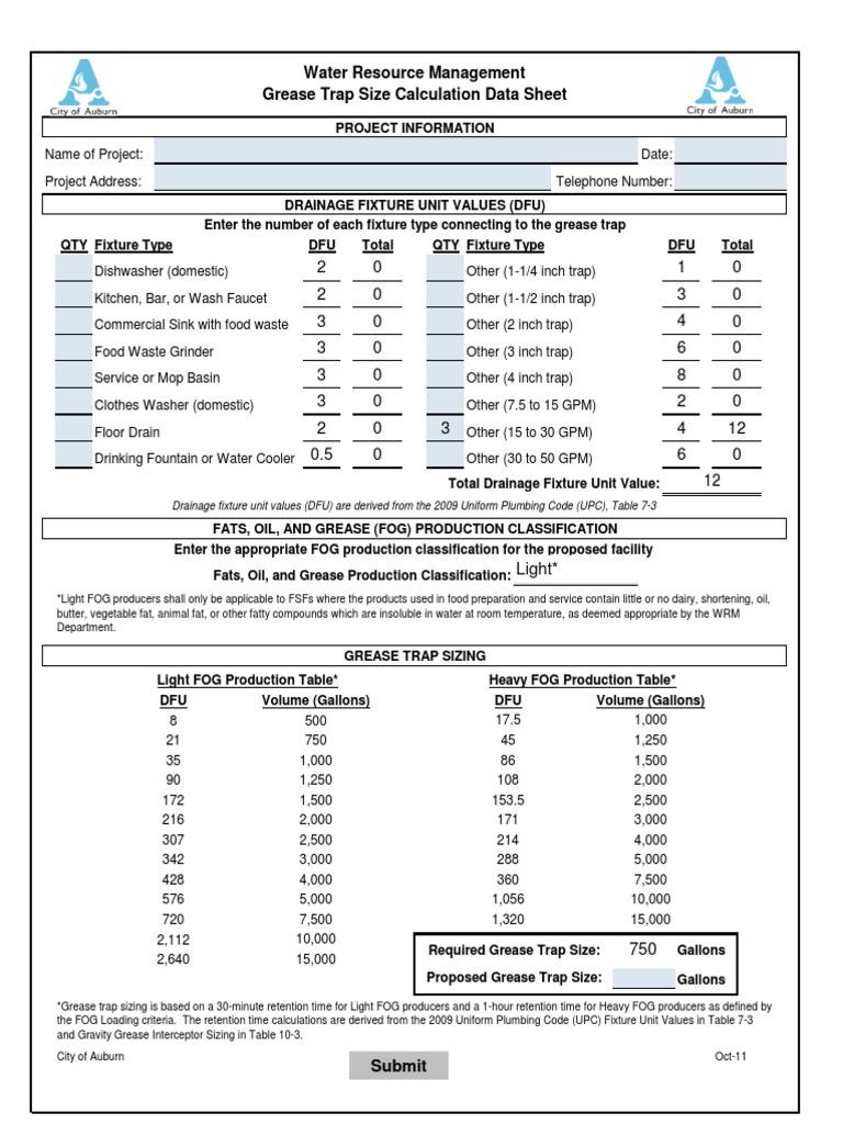 Water Resource Management Grease Trap Size Calculation Data Sheet | PDF ...