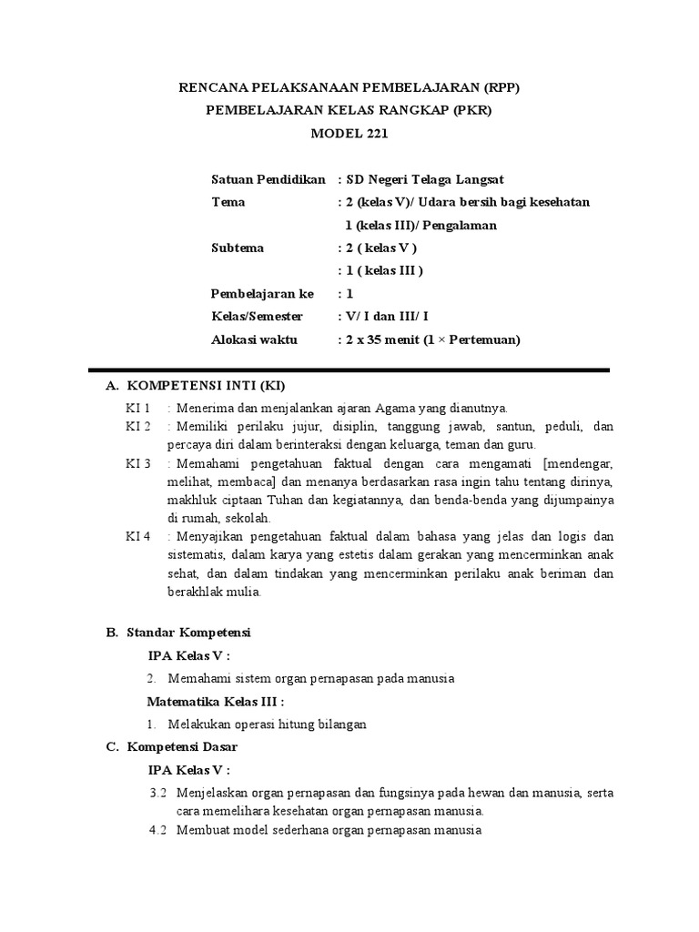 RPP Kelas Rangkap Model 221 Norhalimah | PDF