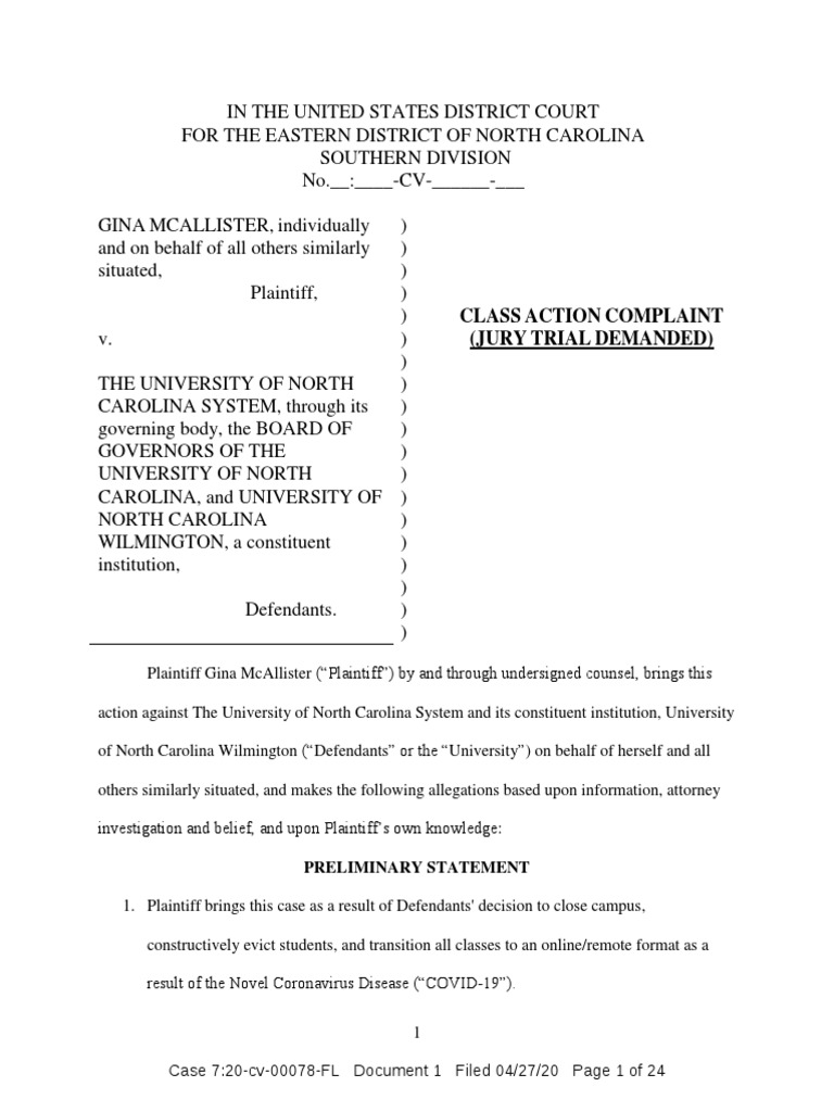 UNCW Student Lawsuit Over COVID-19 Tuition Refunds | PDF | Class Action ...
