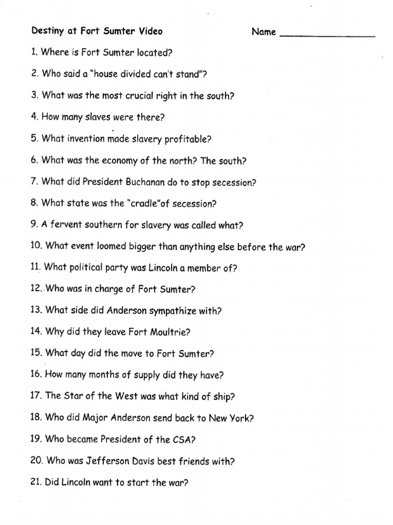Destiny at Fort Sumter Video Questions | PDF