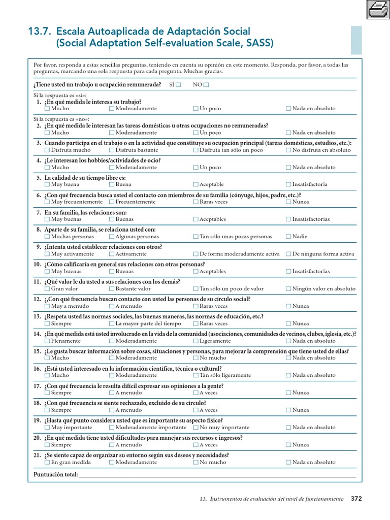 13-Escala Autoaplicada de Adaptación Social (Social Adaptation Self-Evaluation Scale, SASS) PDF ...