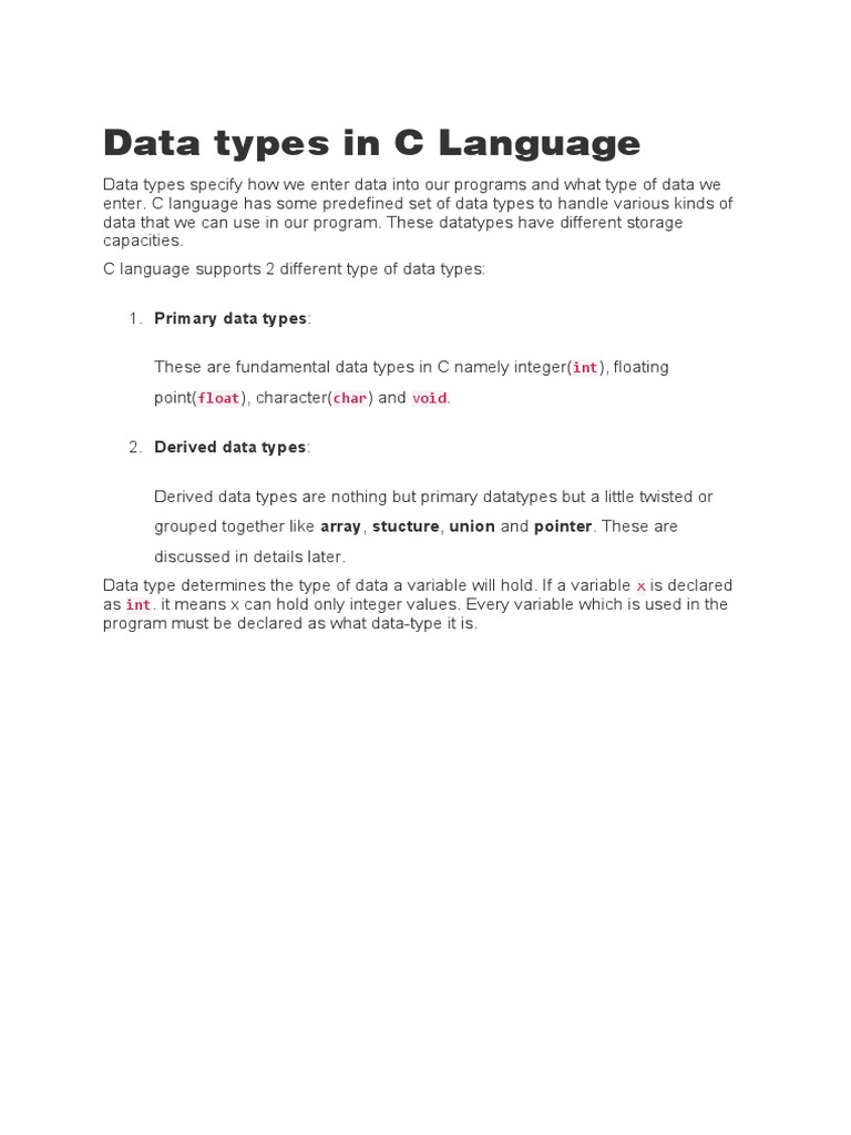 Data Types in C Language: Int Float Char Void | PDF