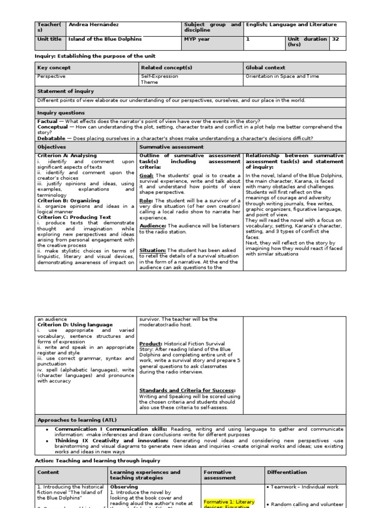 MYP Year 1-II Term Unit Planner | PDF | Narration | Question