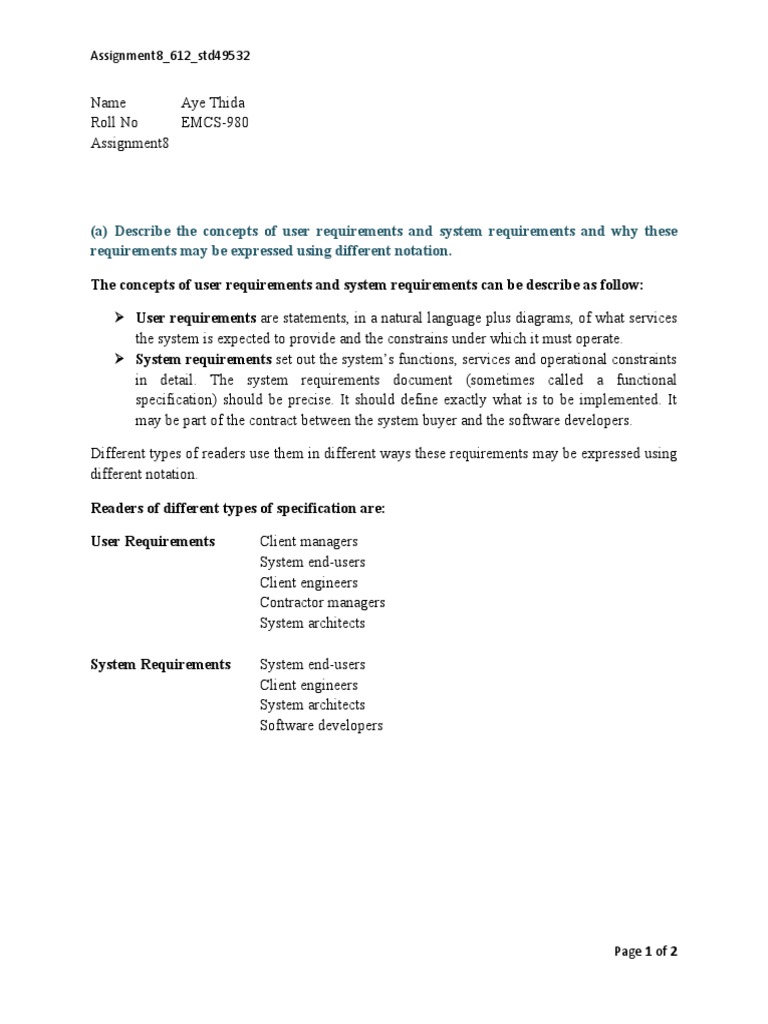 (A) Describe The Concepts of User Requirements and System Requirements ...