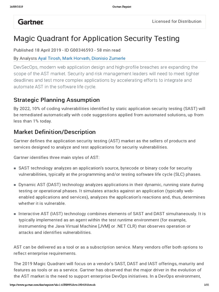 Gartner Magic Quadrant For Application Security Testing April 2019 PDF ...