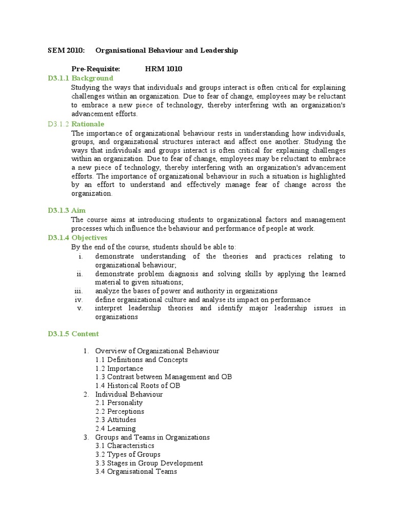 D3.1.1 Background: SEM 2010: Organisational Behaviour and Leadership ...
