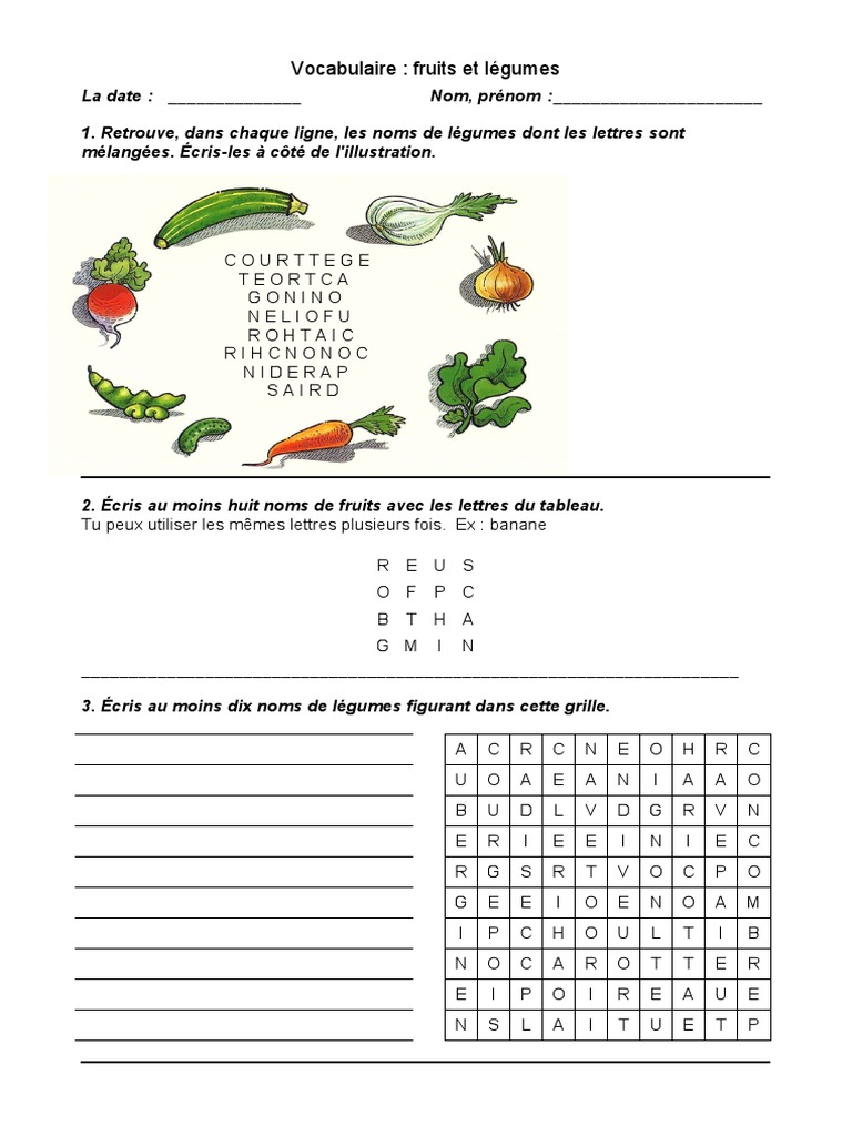 Vocabulaire des fruits et légumes | PDF | Légumes | Échecs
