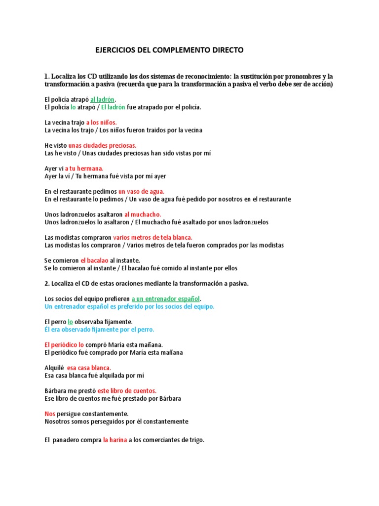 Ejercicios Del Complemento Directo | PDF