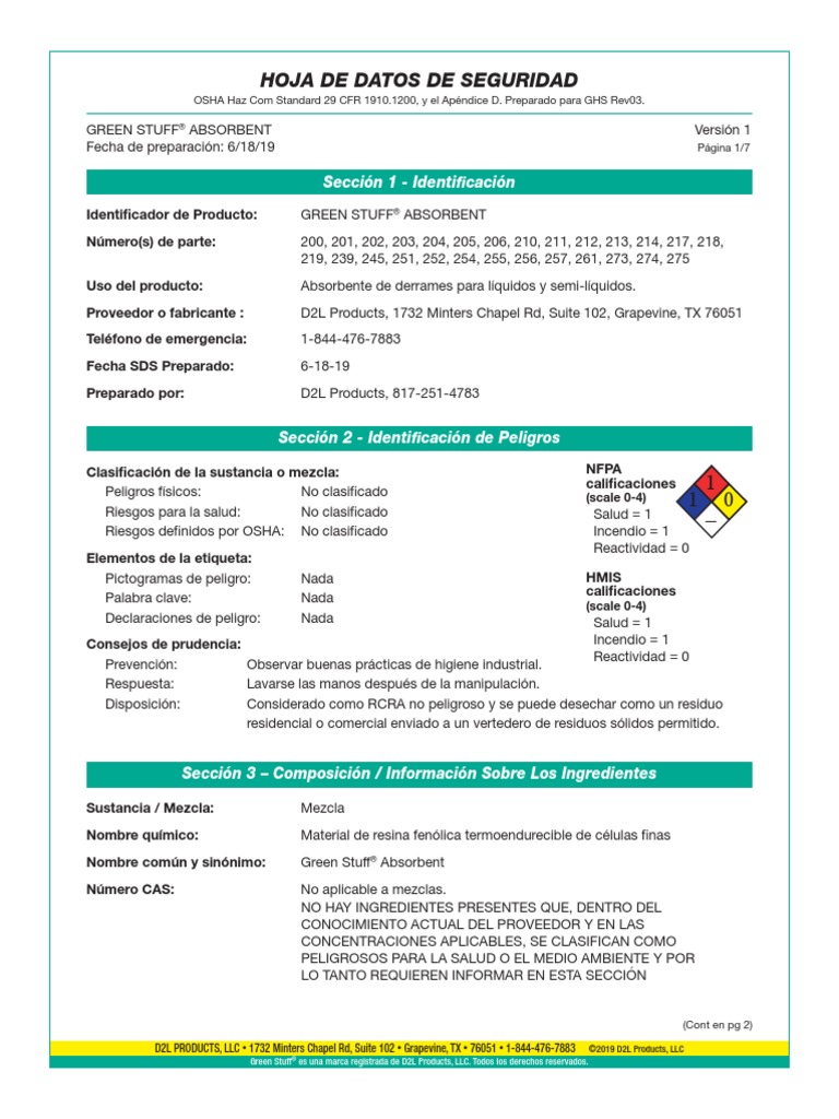 SDS Spanish PDF | PDF | Administración de Seguridad y Salud Ocupacional ...