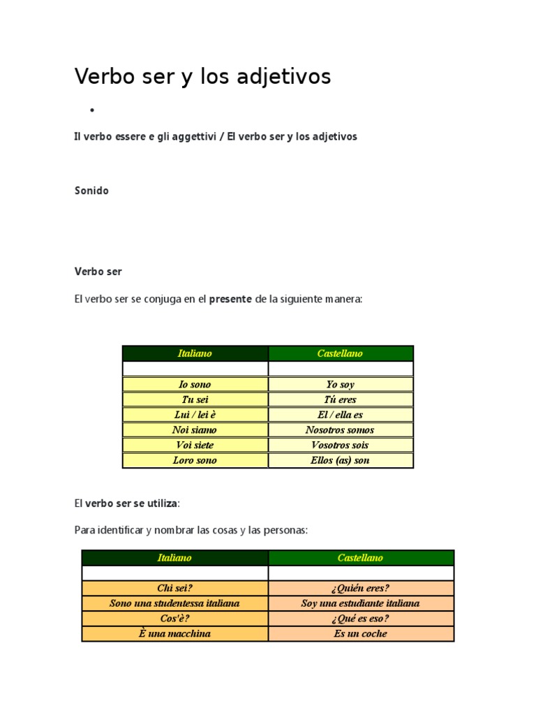 Verbo Ser y Los Adjetivos | PDF | Idioma italiano | Relaciones sintácticas