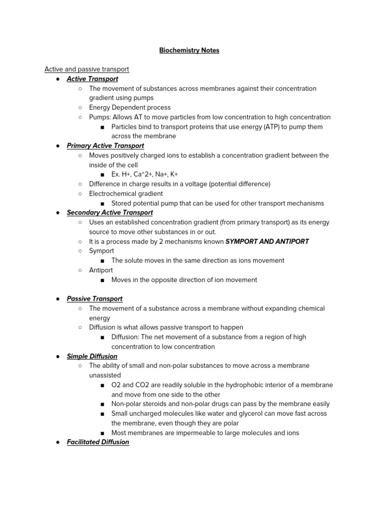 Biochemistry Study Notes PDF | PDF | Lipid Bilayer | Osmosis