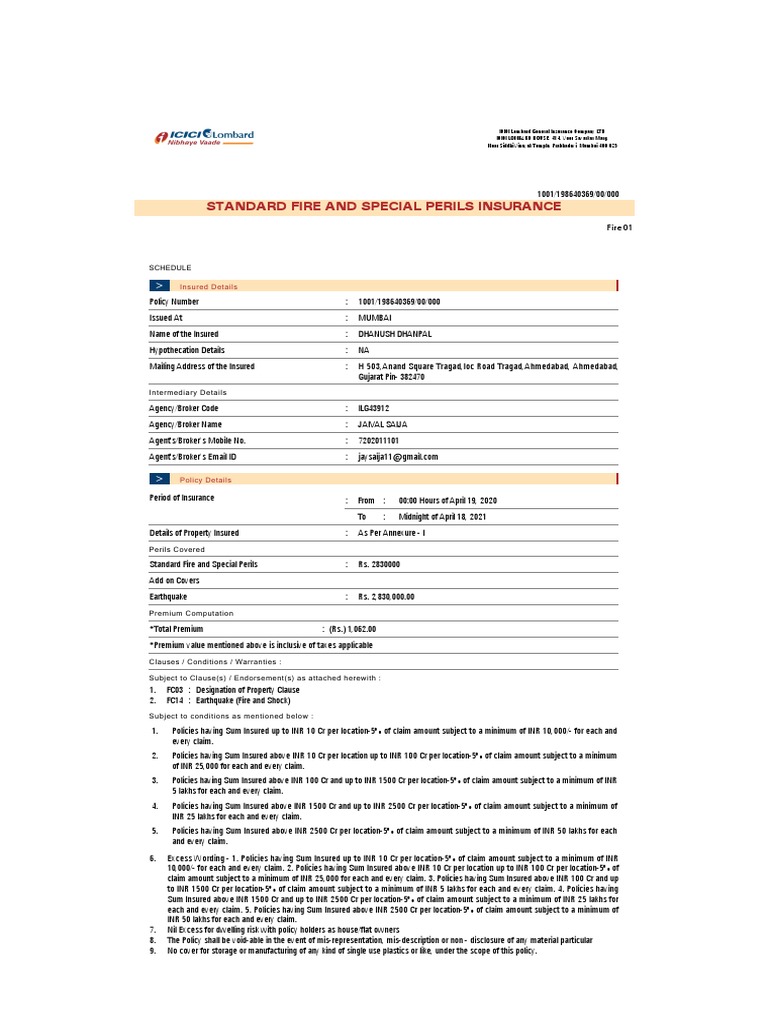 ICICI Lombard Fire and Special Perils Policy | PDF | Insurance | Infection