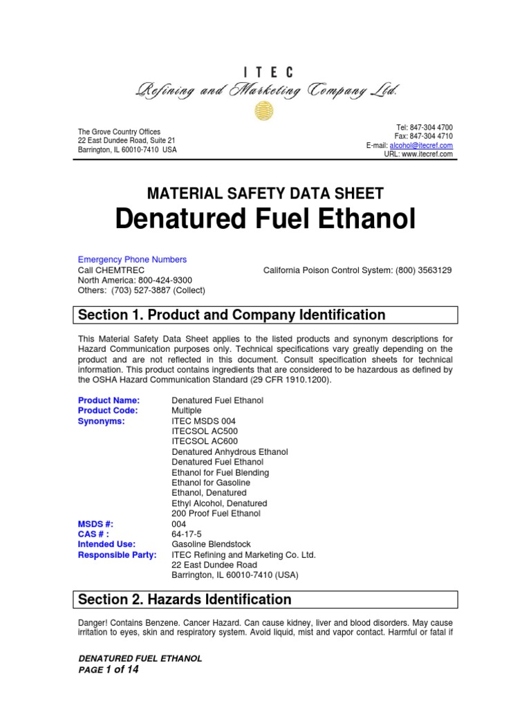 Denatured Fuel Ethanol: Material Safety Data Sheet | Download Free PDF ...