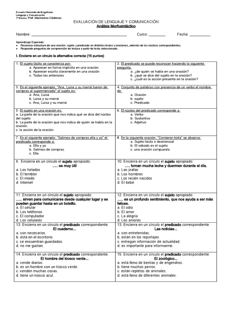 Prueba Sujeto y Predicado 7º Básico 2017 | PDF | Asunto (gramática ...