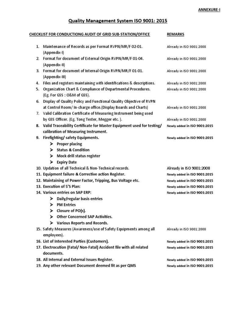 Annexure-I - ISO 9001 2015 CHECKLIST For Offices | PDF | Iso 9000 ...