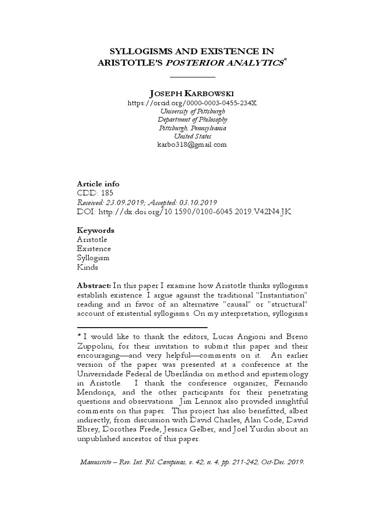 Syllogisms and Existence in Aristotle'S - J K: Posterior Analytics ...