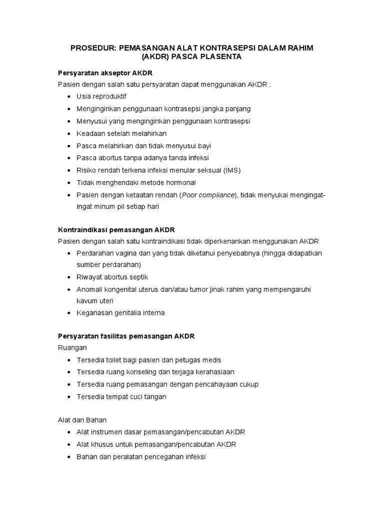 Prosedur Pemasangan Alat Kontrasepsi Dalam Rahim (Akdr) Pasca Plasenta ...