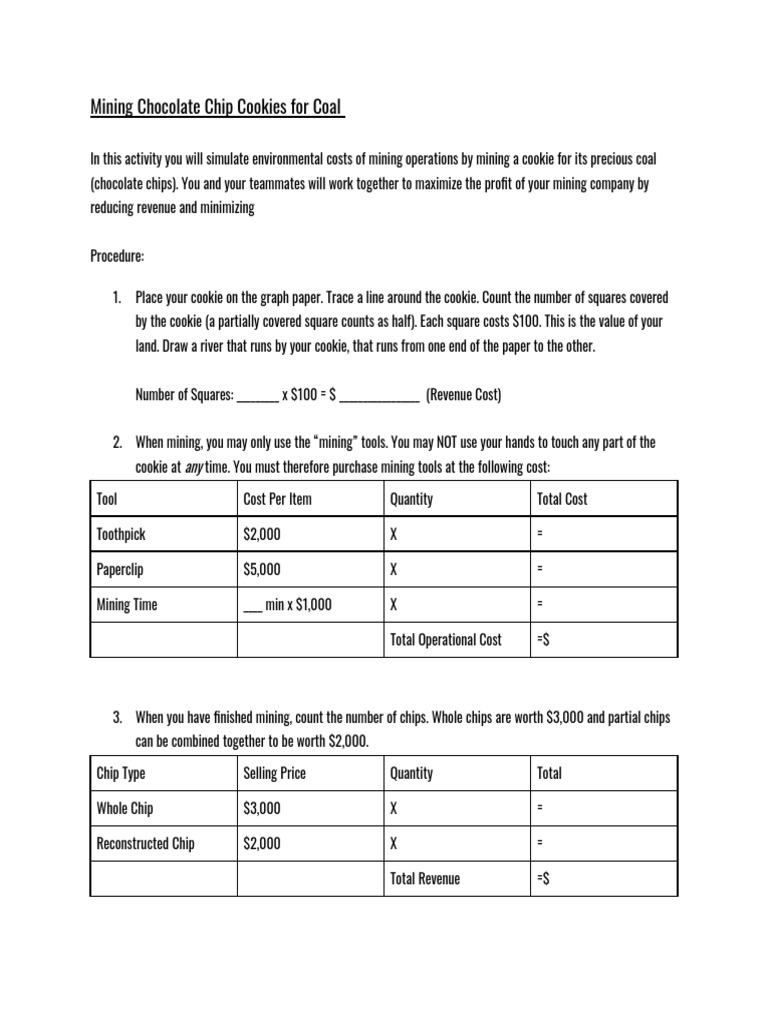 Mining Chocolate Chip Cookies Worksheet 1 | PDF | Cost | Mining