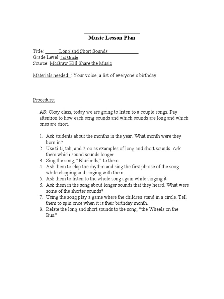 Music Lesson Plan: 1st Grade | PDF | Singing | Psychological Concepts