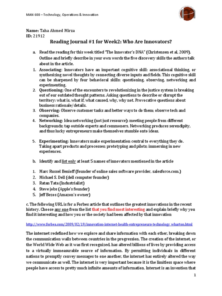 Reading Journal Entry #1 - TAHA | PDF | Internet | Innovation