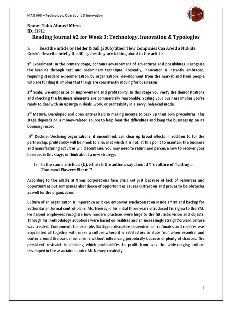 Reading Journal Entry #2 - Taha | PDF | Six Sigma | Innovation