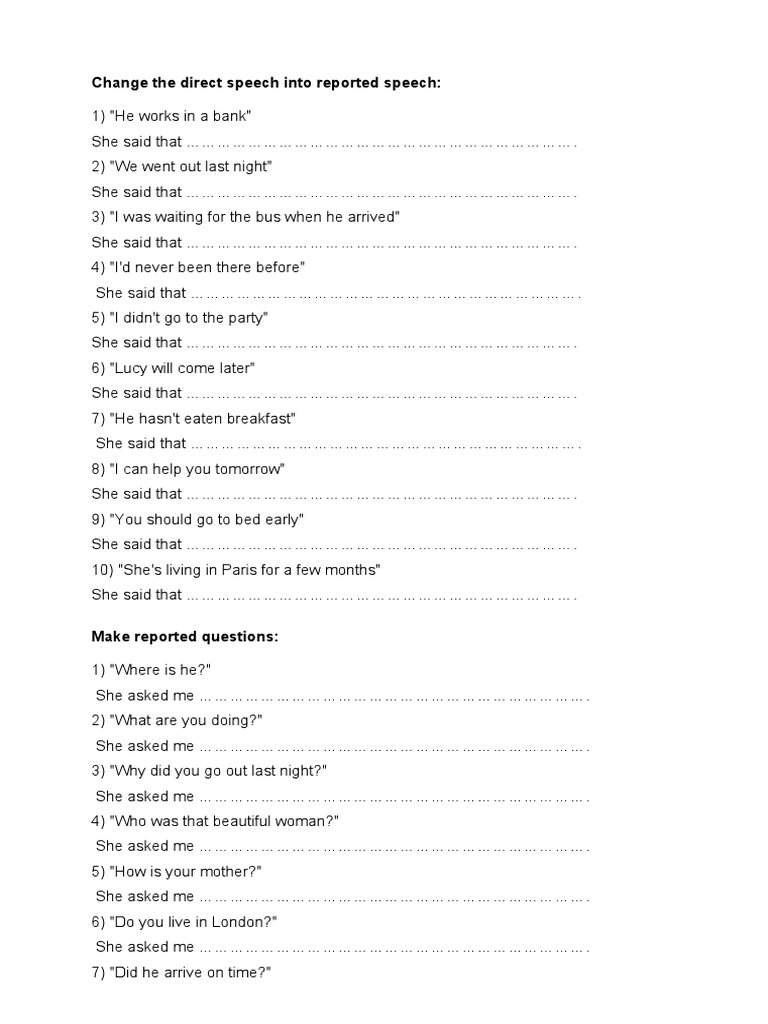 Change The Direct Speech Into Reported Speech | PDF