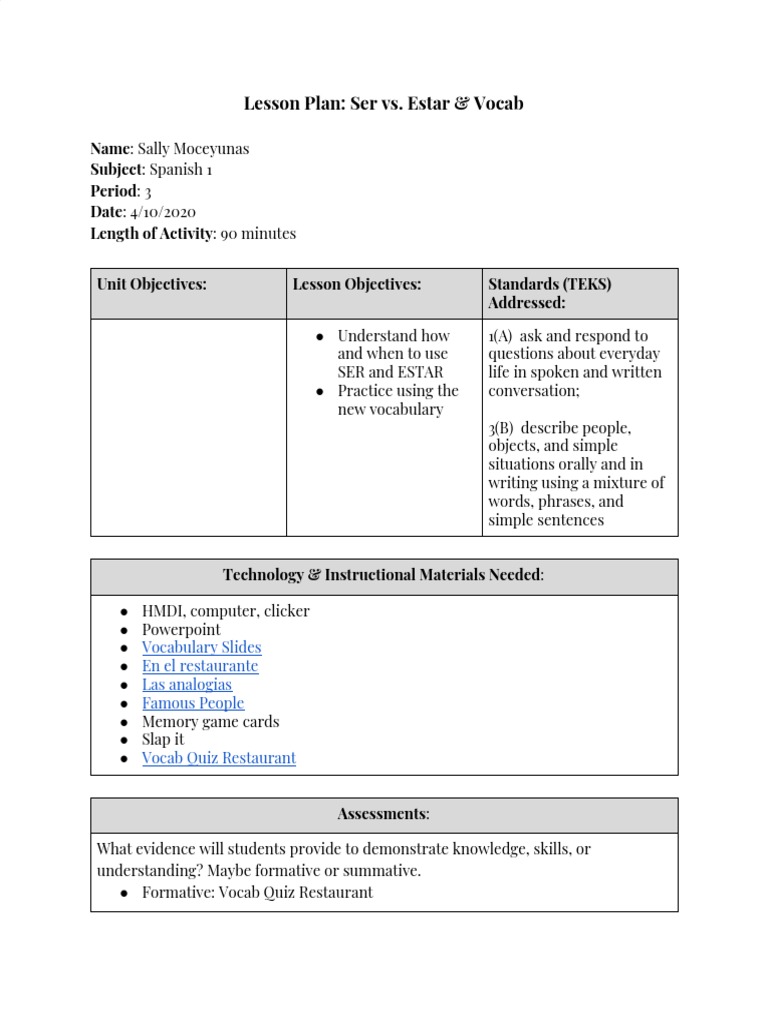 Lesson Plan: Ser vs. Estar & Vocab | Download Free PDF | Vocabulary ...