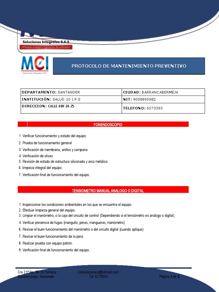Protocolos de Mantenimiento PREVENTIVO SALUD 10 IPS | PDF | Balanza | Equipo