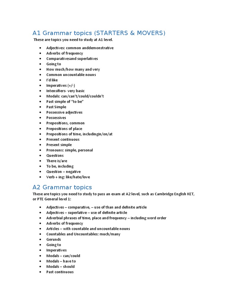 A1 Grammar Topics (STARTERS & MOVERS) | PDF | Adverb | Verb