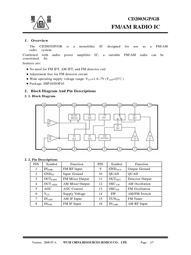 Fm/Am Radio Ic: CD2003GP/GB | PDF | Detector (Radio) | Frequency Modulation
