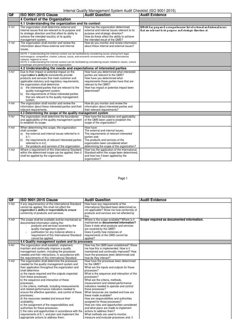Internal Quality Management System Audit Checklist (ISO 9001:2015 ...