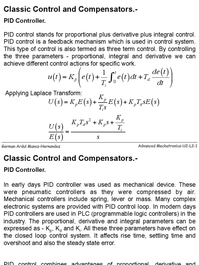 Classic Control and Compensators.-: Ut Et T Et DT + T Det DT | PDF ...