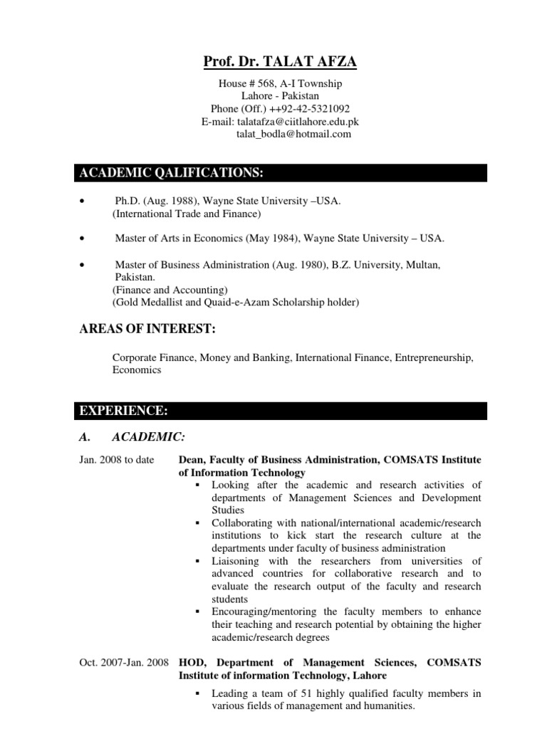 Updated DrTalat Afza CV | PDF | Pakistan | Economics