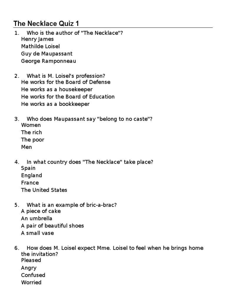 The Necklace Quiz: Assessing Understanding of Guy de Maupassant's Short ...