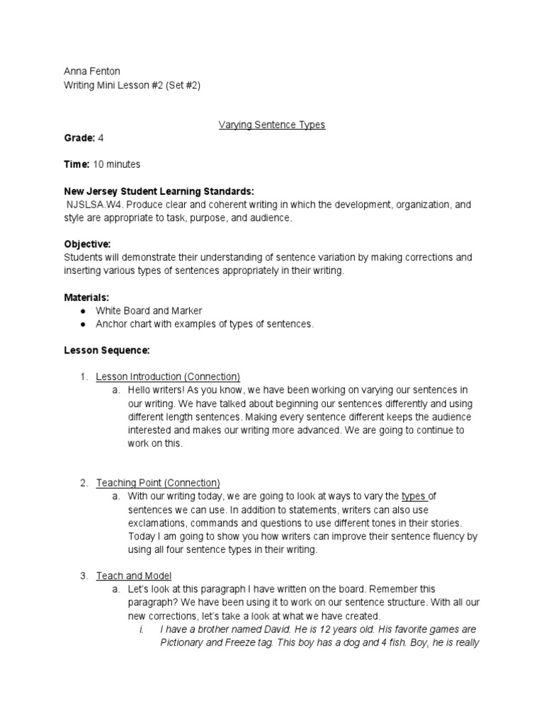 Writing Mini Lesson - Varying Sentence Types - Set 2 2 | PDF | Sentence ...