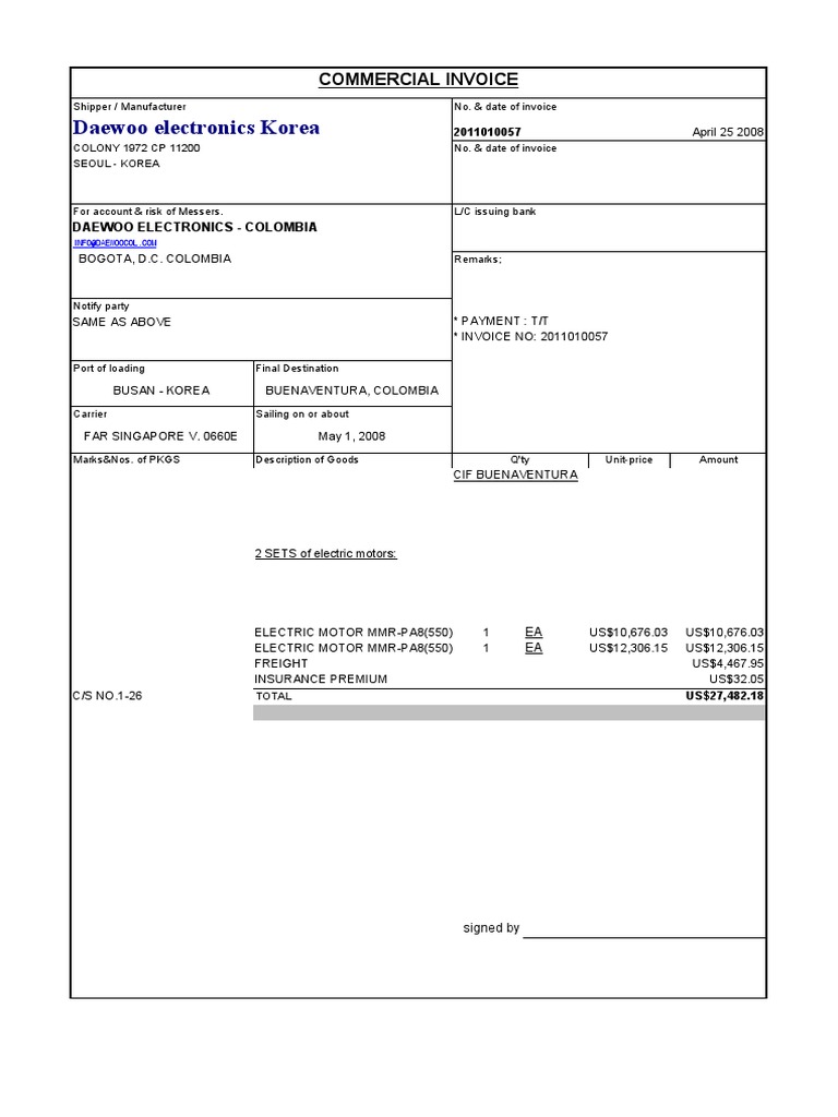 Daewoo Commercial Invoice for Motors | PDF | Technology & Engineering