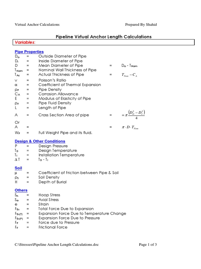 Pipeline Virtual Anchor Length Calculations: Variables | Download Free ...