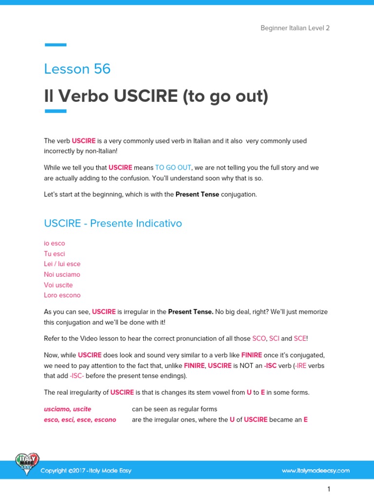 Italian Verb "Uscire" Explained | PDF | Grammatical Conjugation ...