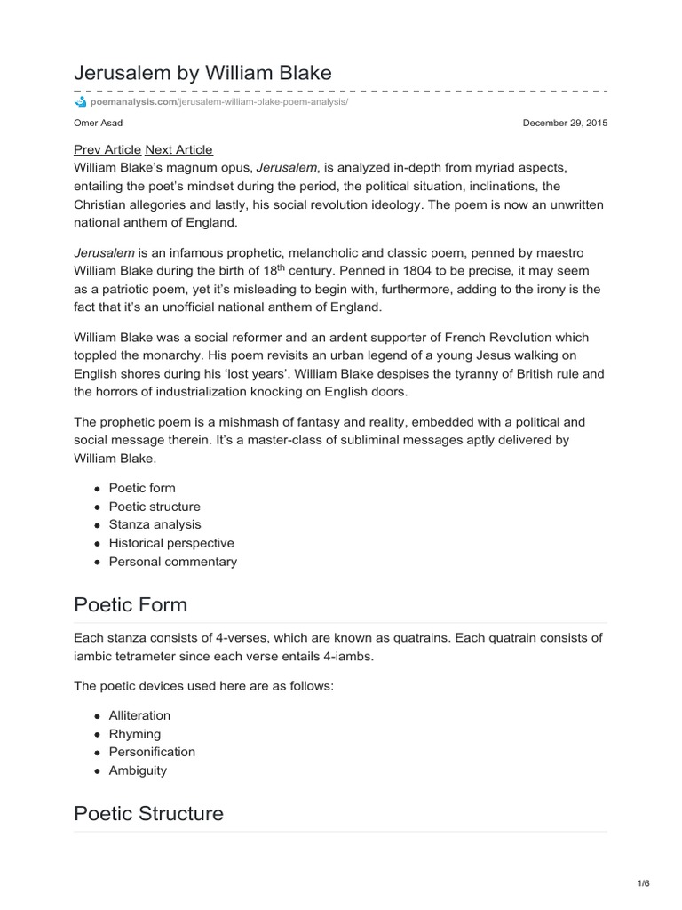 Jerusalem by William Blake | PDF | William Blake | Poetry