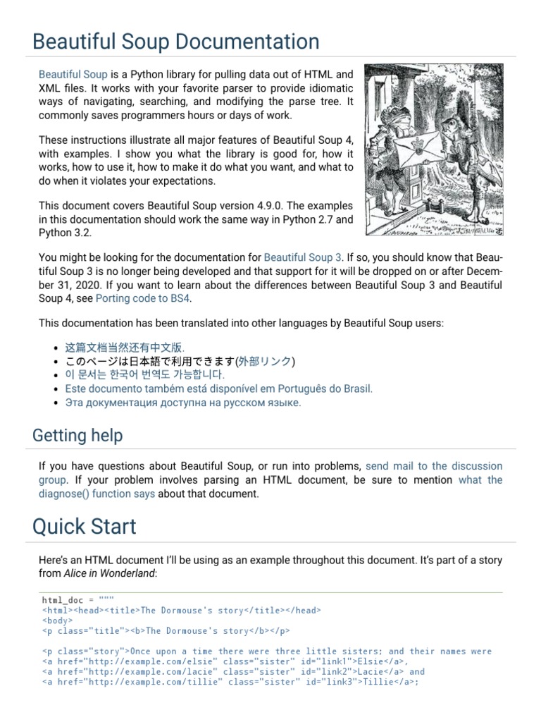 Beautiful Soup Documentation: Getting Help | PDF | Html Element | Xml