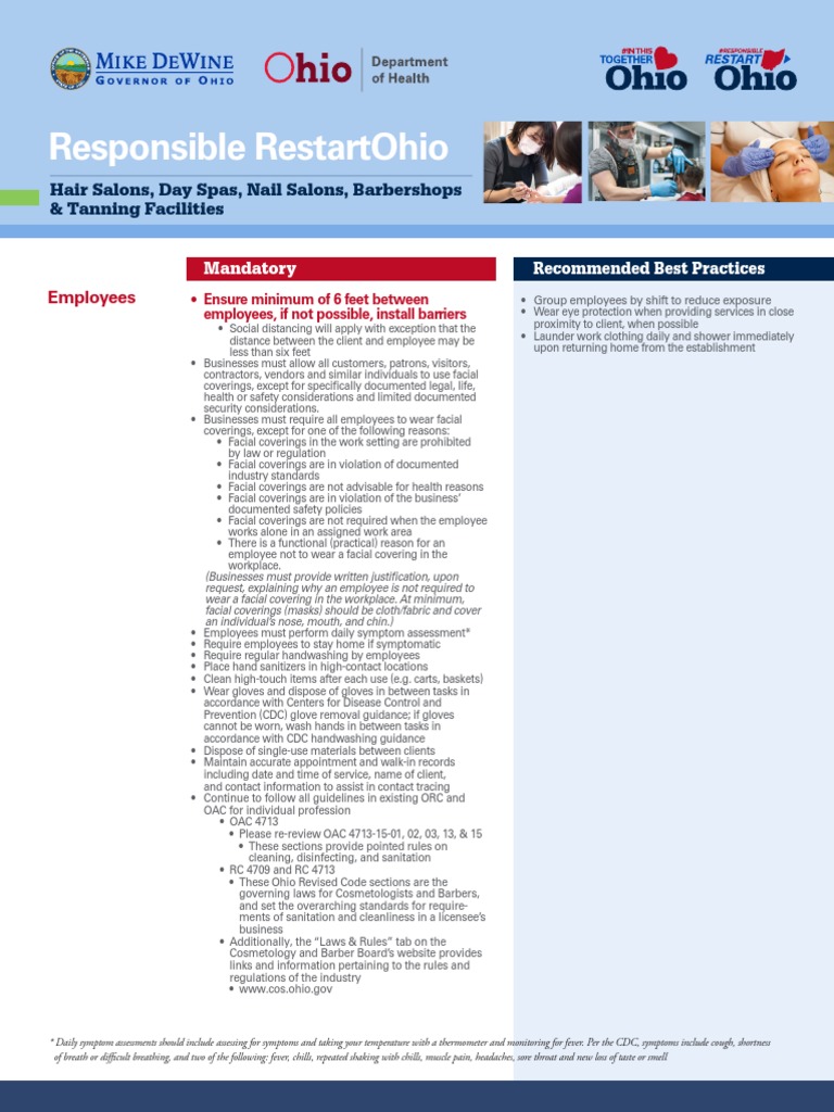 Ohio Rules and Regulations For Reopening Salons and Spas | PDF | Hand ...