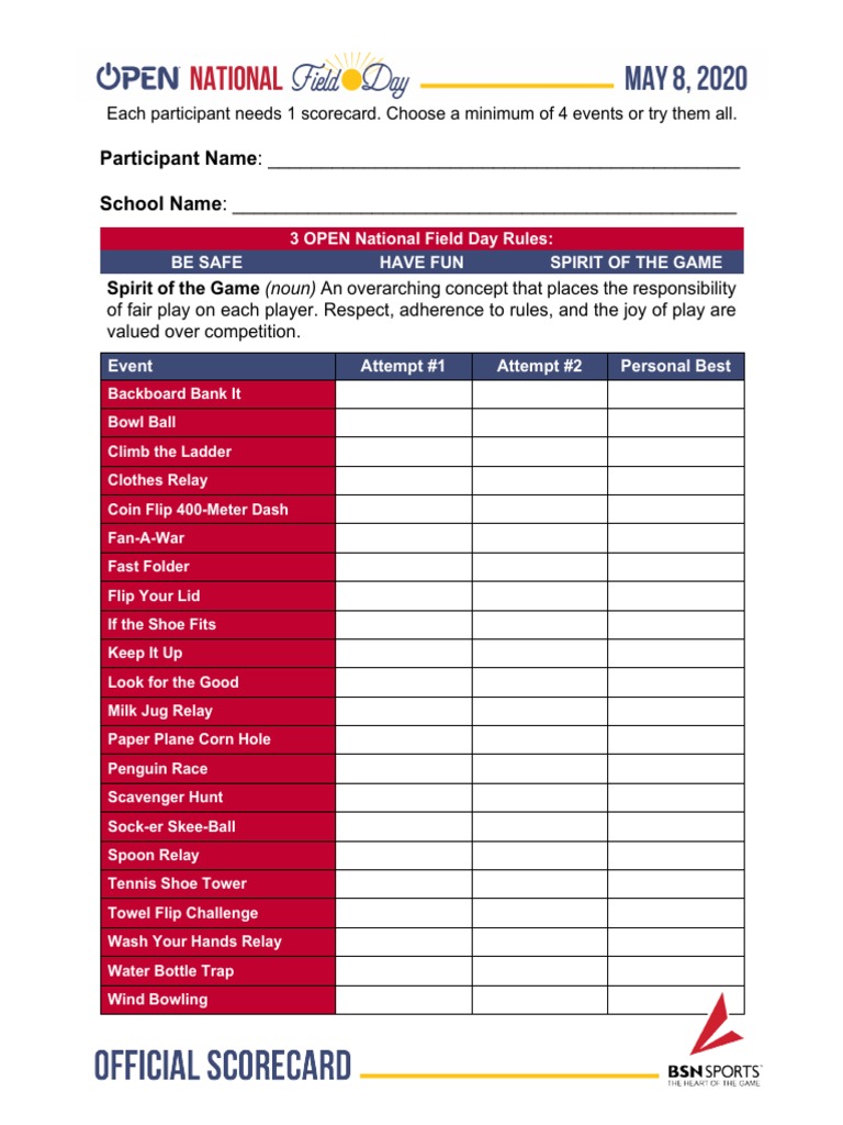 Field Day Score Card | PDF | Sports & Recreation