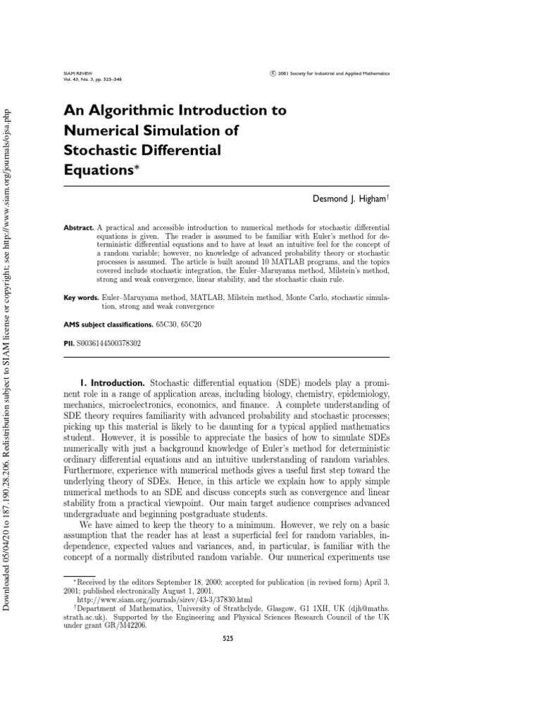 An Algorithmic Introduction To Numerical Simulation of Stochastic Differential Equations | PDF ...