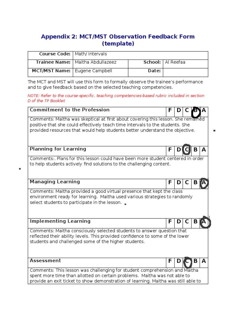 Appendix 2 Feedback Observation (Intervals) | PDF