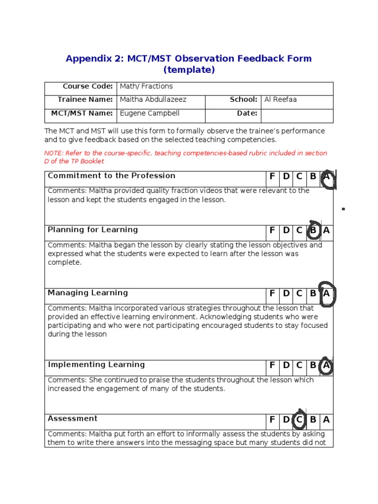 Appendix 2: MCT/MST Observation Feedback Form (Template) : Commitment ...