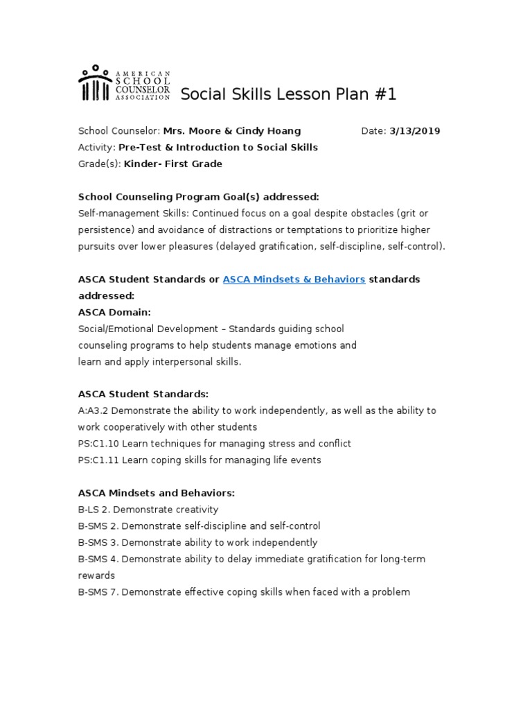 Social Skills Lesson Plan #1: School Counseling Program Goal(s ...