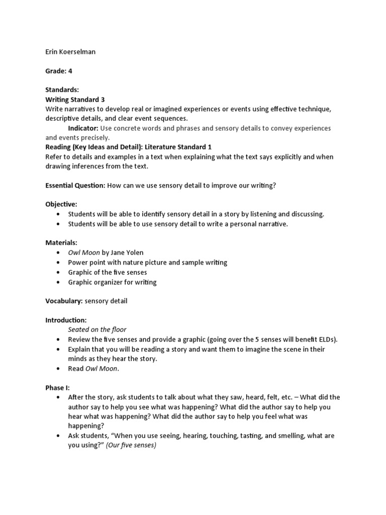 Grade 4 Sensory Writing Lesson | PDF | Senses | Perception
